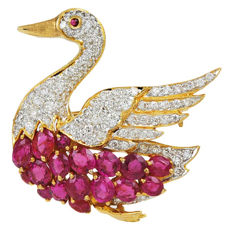 Diamond and Ruby Swan Pin at 1stDibs