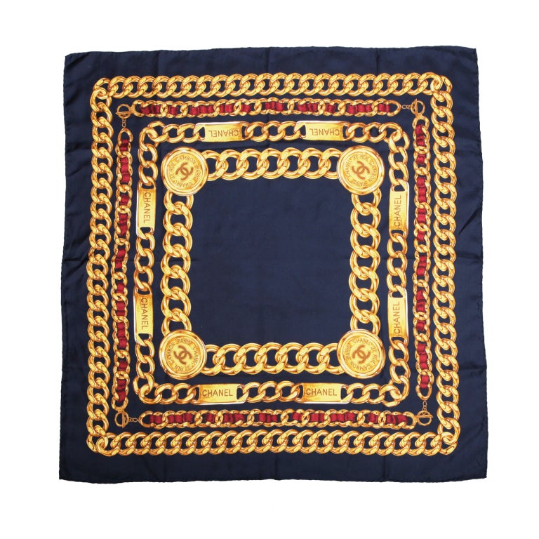 CHANEL ICONIC CHAIN MOTIF SCARF NAVY at 1stDibs | chanel chain scarf