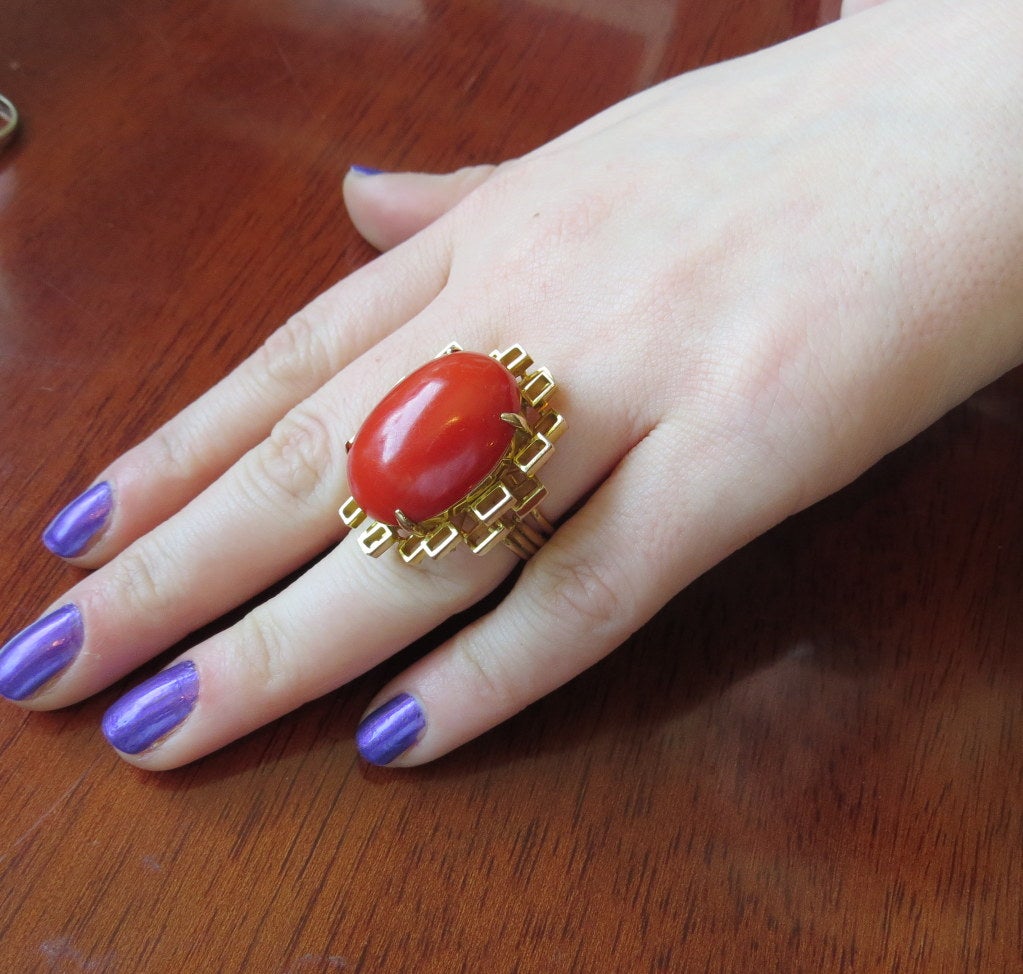 1970s Large Red Coral Gold Ring at 1stDibs