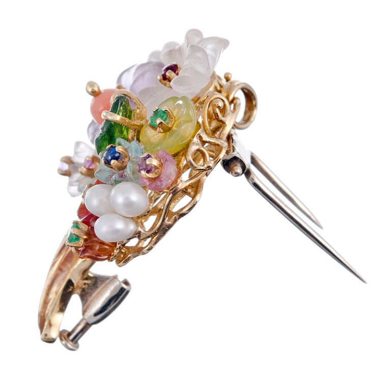 Italian Multi Gemstone Gold Cornucopia Flower Brooch at 1stDibs
