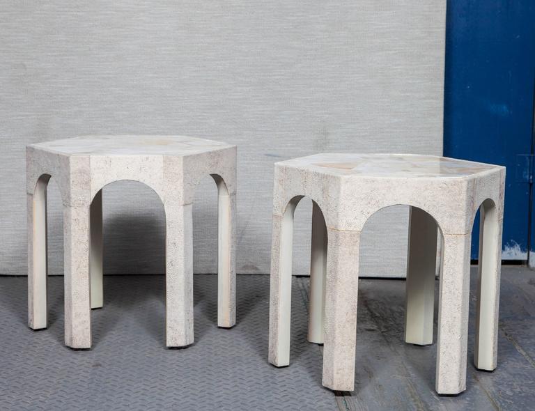 Pair of Natural Shagreen and Abalone Shell Hexagonal Tables at 1stDibs