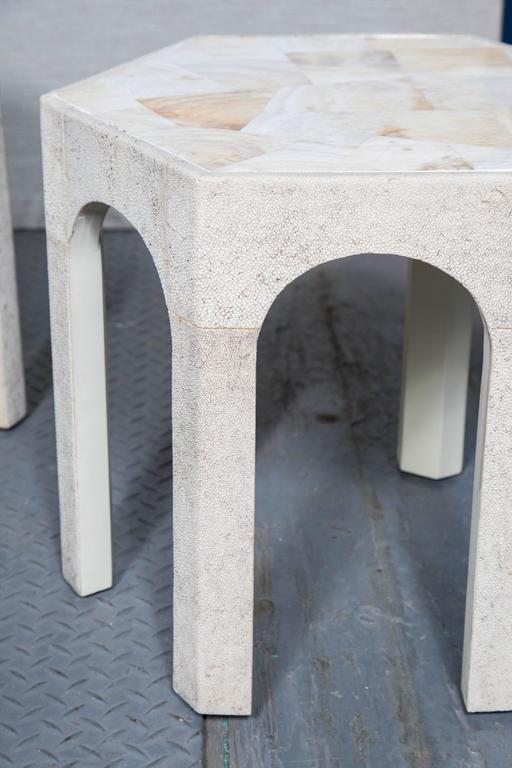 Pair of Natural Shagreen and Abalone Shell Hexagonal Tables at 1stDibs