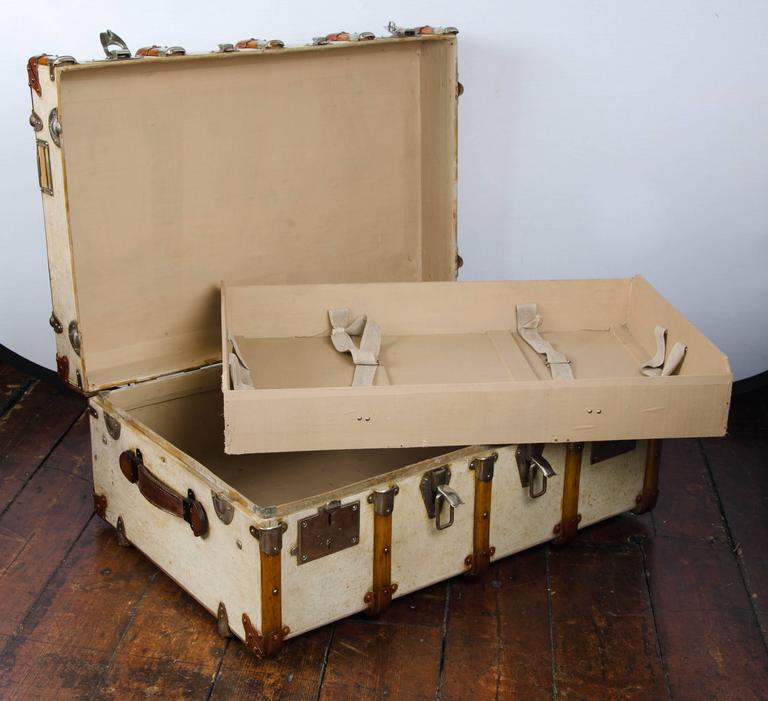 English 1935-40 wood and white vellum leather trunk at 1stDibs