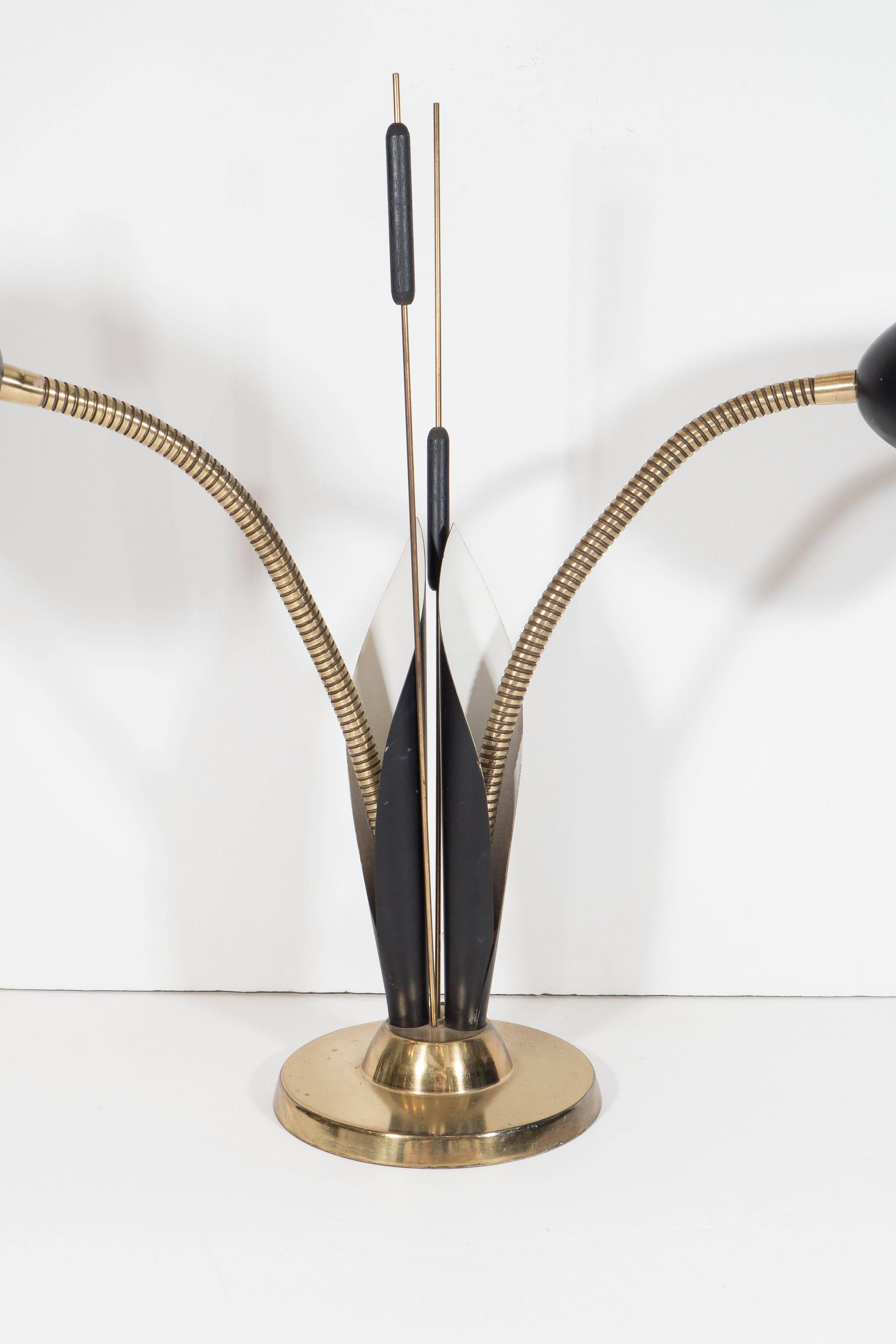 Mid-Century Black Enamel and Brass Gooseneck Lamp with Cat Tail Motif ...