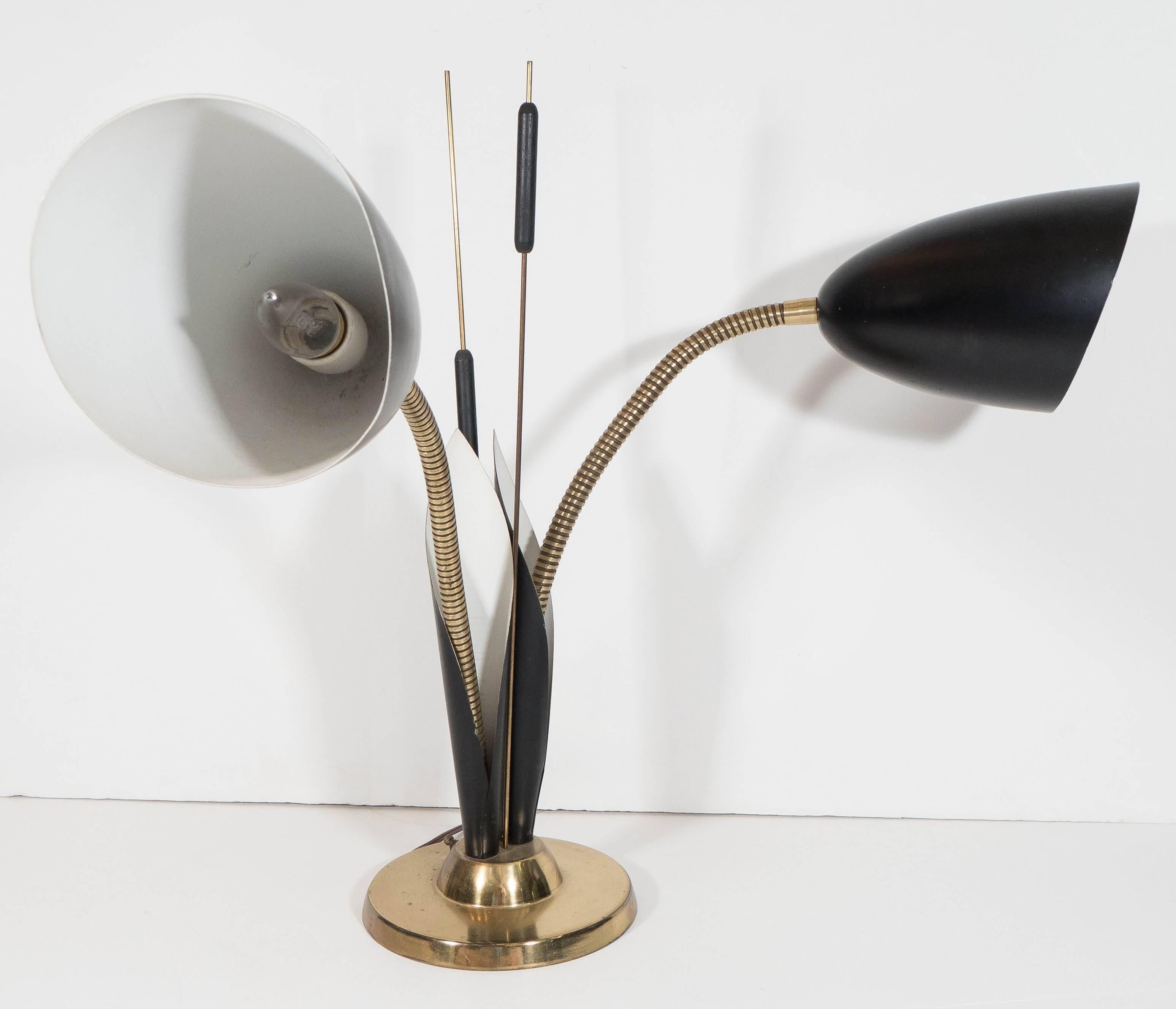 Mid-Century Black Enamel and Brass Gooseneck Lamp with Cat Tail Motif ...