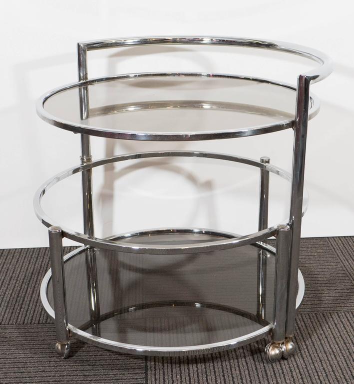 Midcentury Adjustable Round Occasional Table in Chrome and Smoked Glass ...