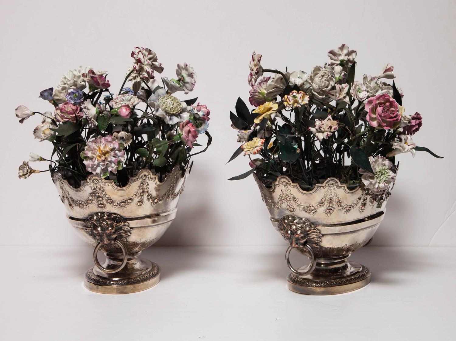 Neoclassical Louis XVI Style Porcelain Flower Arrangements in Oval ...