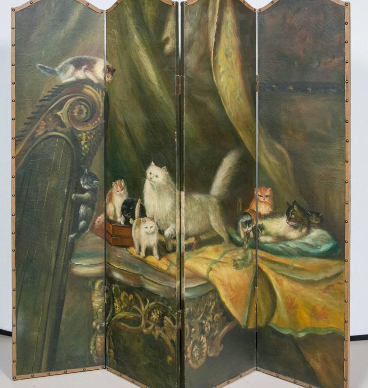 Rare 19th Century Room Divider Screen with Cats and Kittens Scene at ...