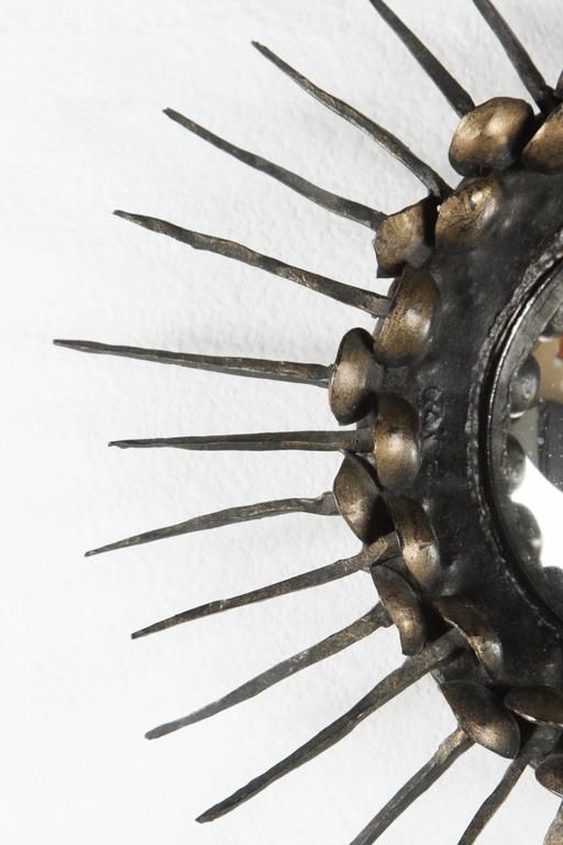 Convex Sunburst Mirror with a Frame of Spikes with Brass Nailheads For ...