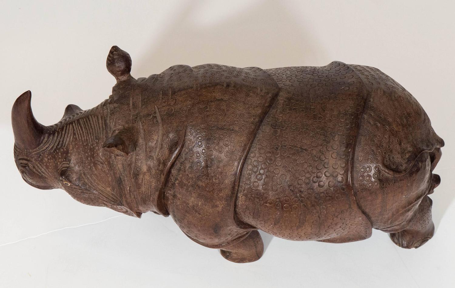 Mid-Century Carved Wooden Rhino Sculpture For Sale at 1stdibs