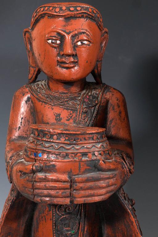 Set of Four Carved Wood Myanmar Burmese Monks with Offering Bowls For ...