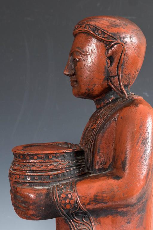 Set of Four Carved Wood Myanmar Burmese Monks with Offering Bowls For ...