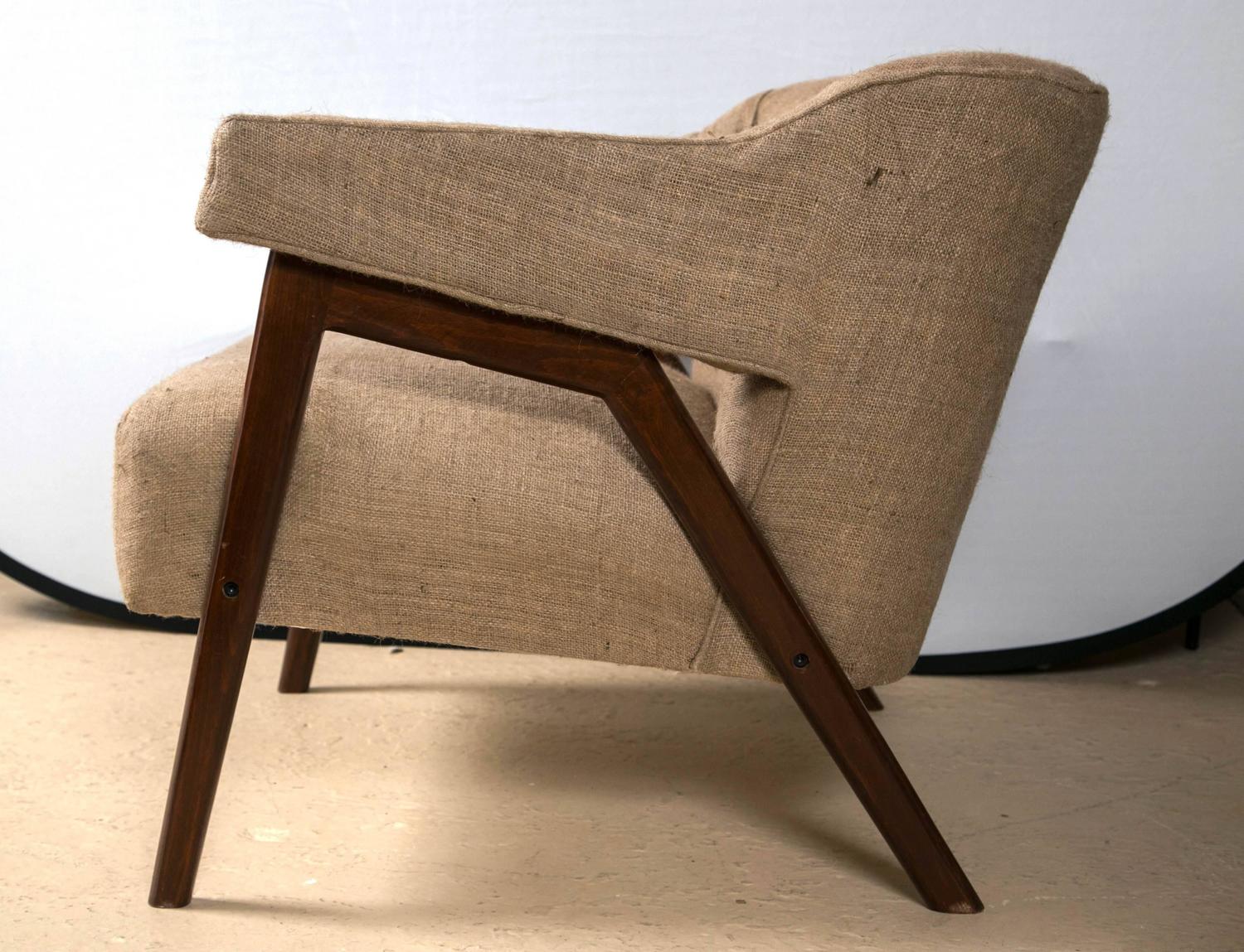 Pair of Mid-Century Modern Burlap Upholstery Arm Chairs at 1stdibs