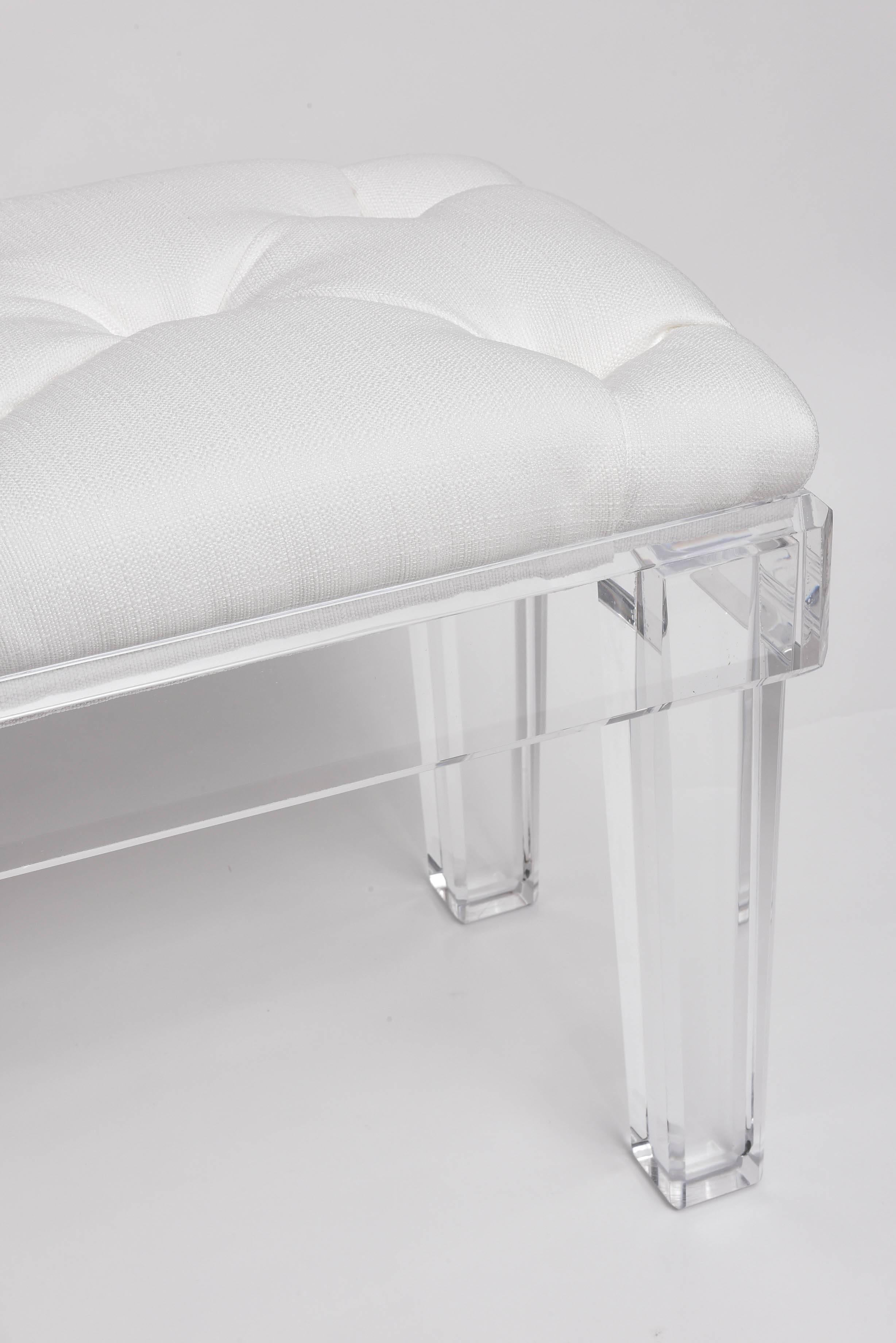 Bespoke Hollywood Regency, Glam, Lucite Bench with White Button-Tufted ...
