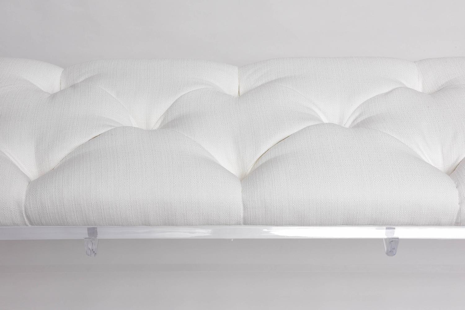 Bespoke Hollywood Regency, Glam, Lucite Bench with White Button-Tufted ...