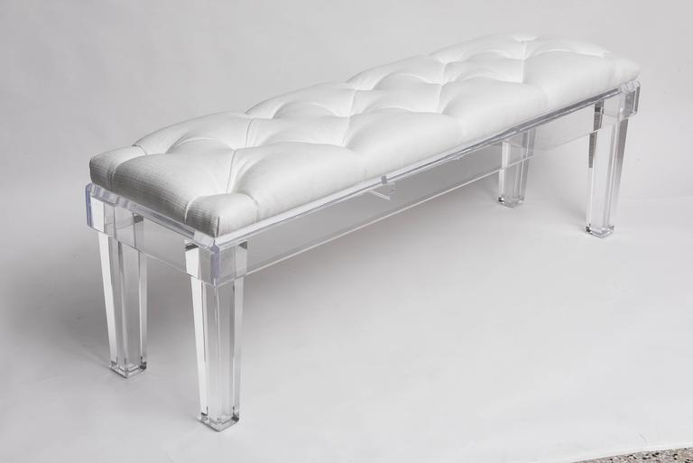 Bespoke Hollywood Regency, Glam, Lucite Bench with White Button-Tufted ...