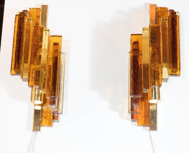 Pair of Mid-Century Modernist Spiral Form Amber Glass Sconces by Hassel ...
