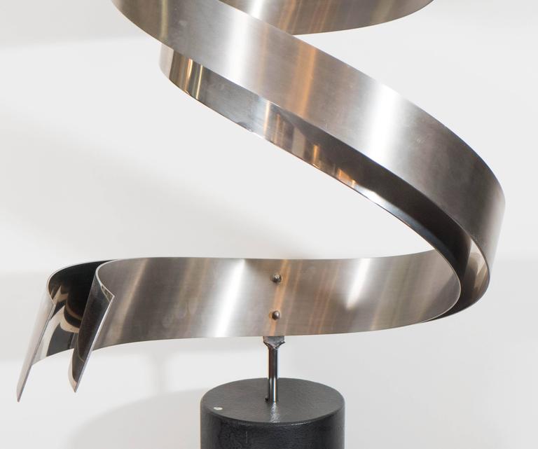 Large Curtis Jere Steel Ribbon Sculpture on Wrought Iron Base, Signed ...