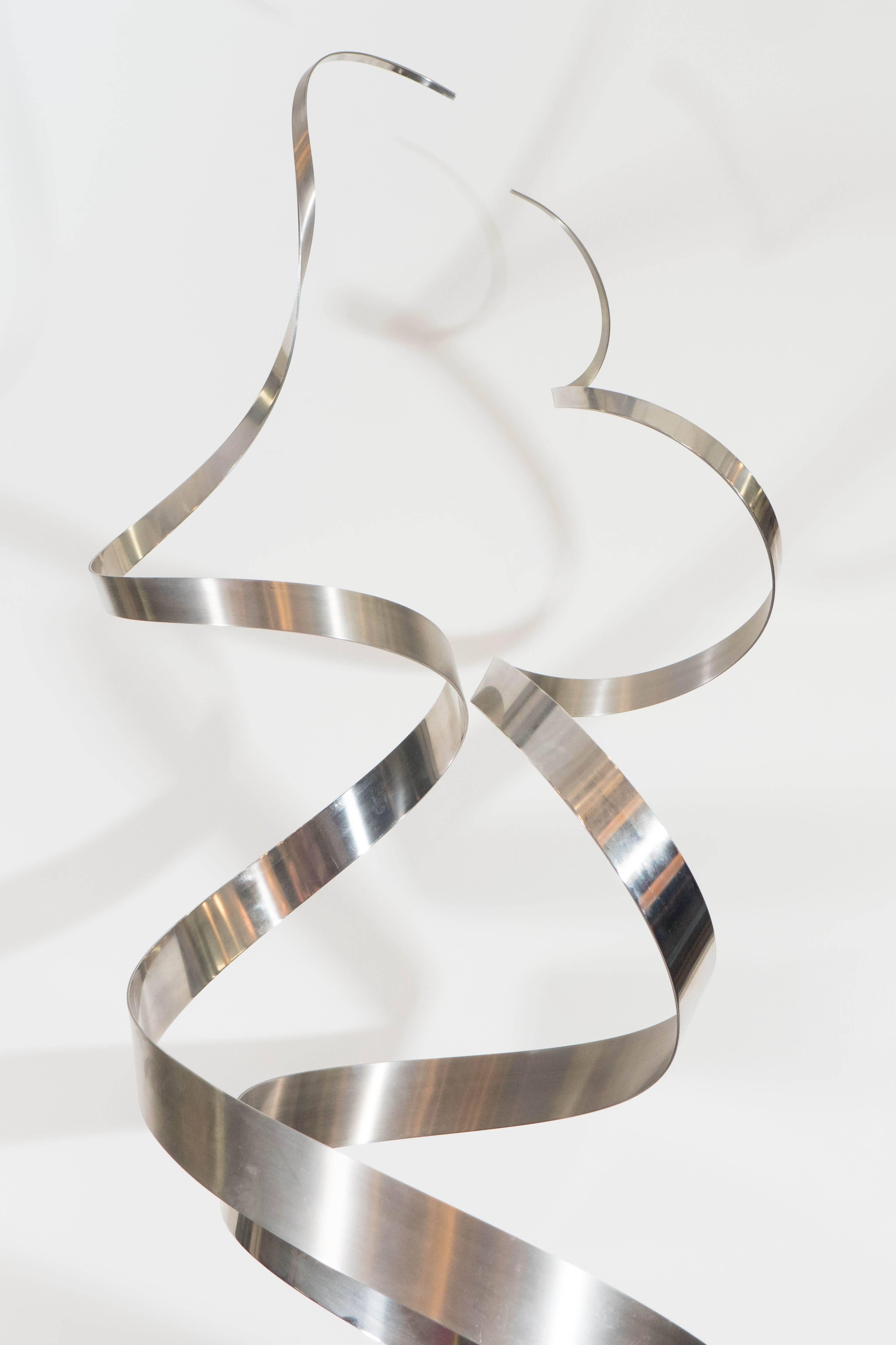 Large Curtis Jere Steel Ribbon Sculpture on Wrought Iron Base, Signed ...