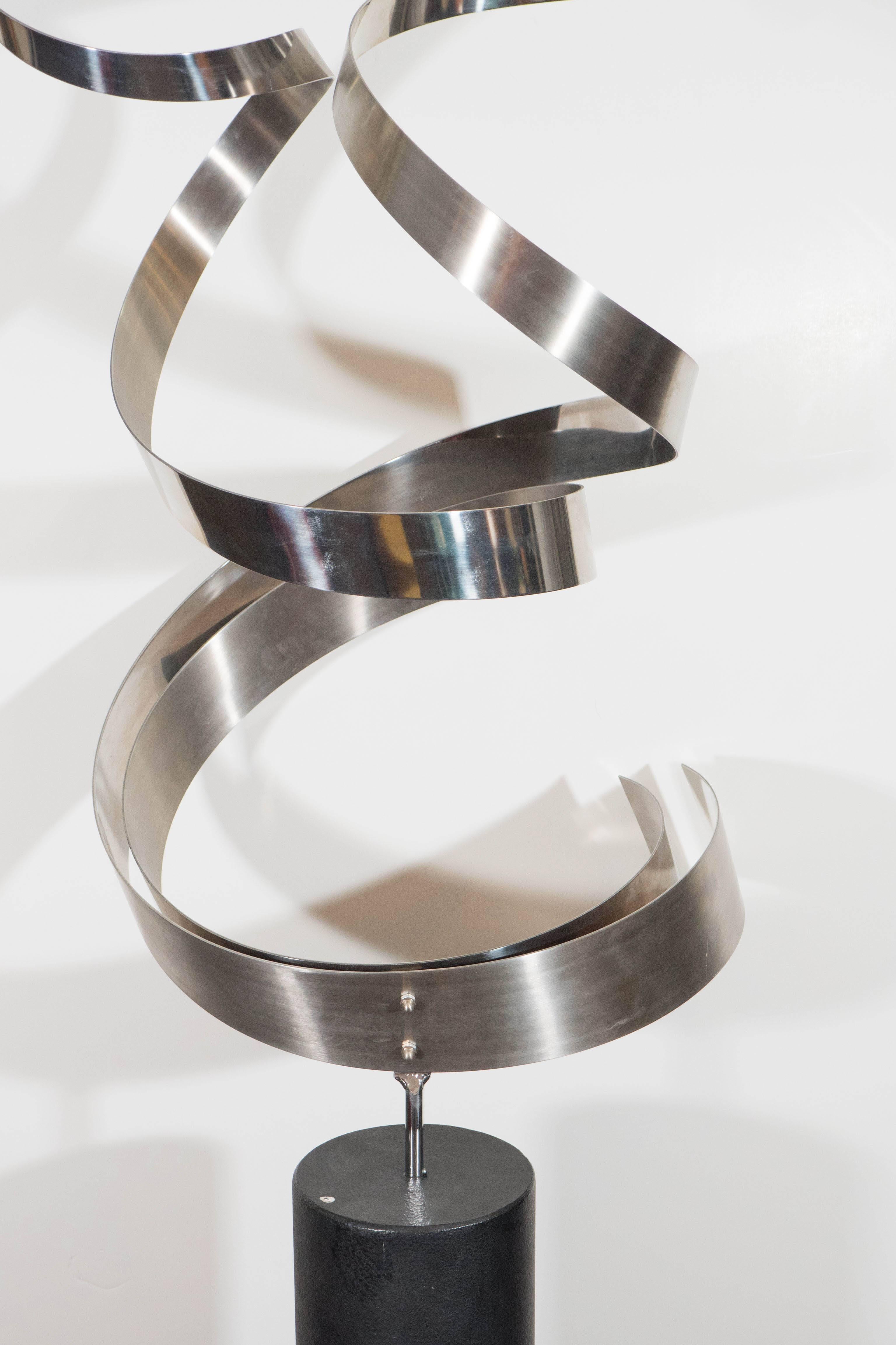 Large Curtis Jere Steel Ribbon Sculpture on Wrought Iron Base, Signed ...