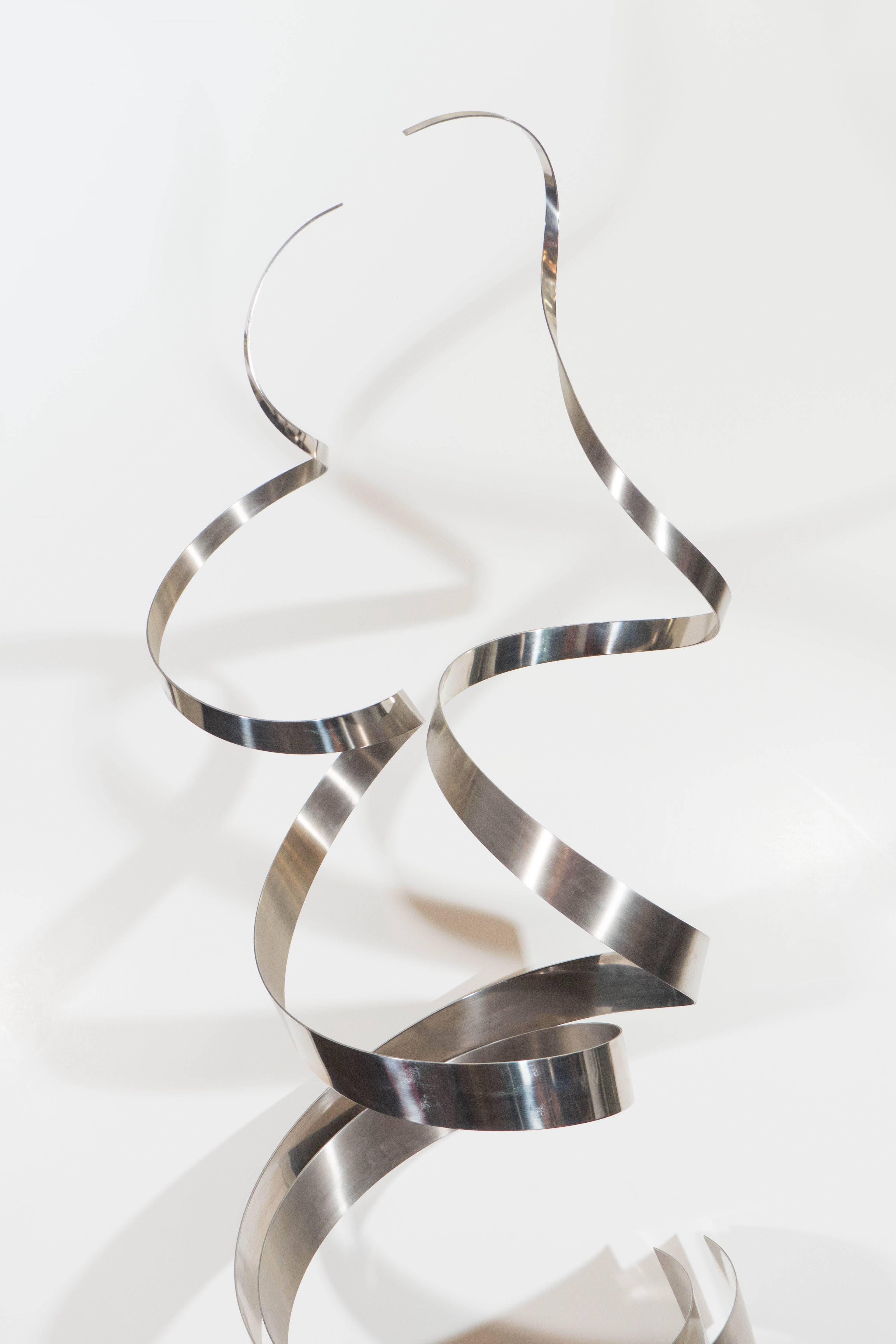 Large Curtis Jere Steel Ribbon Sculpture on Wrought Iron Base, Signed ...