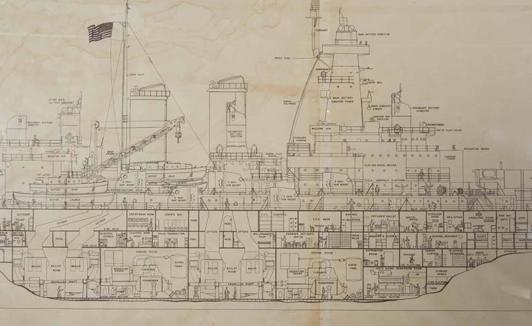 World War ii Era Framed Battleship Diagram at 1stDibs