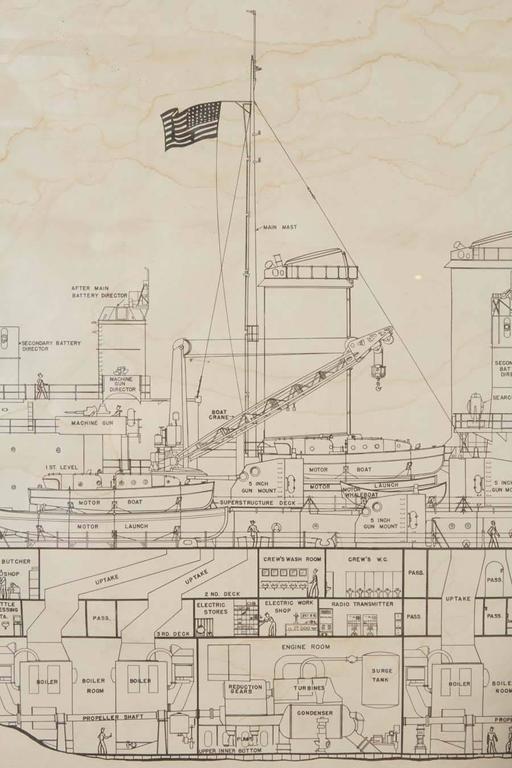 World War ii Era Framed Battleship Diagram at 1stDibs