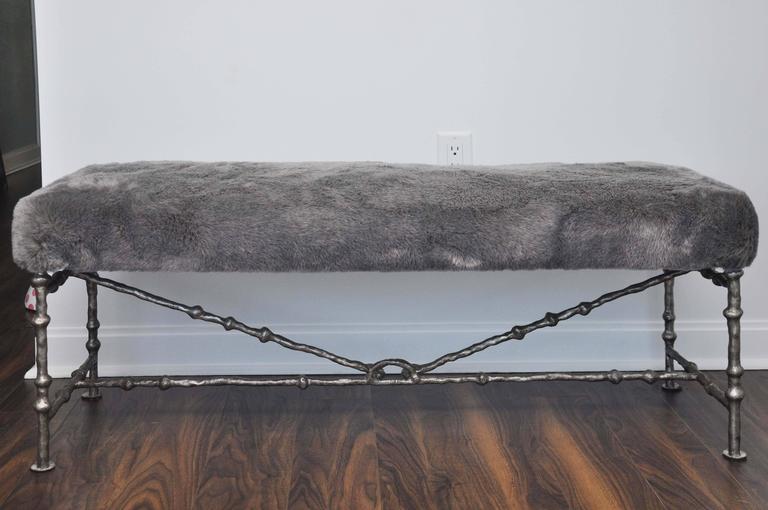 Furry Upholstered Silver Iron Bench at 1stDibs