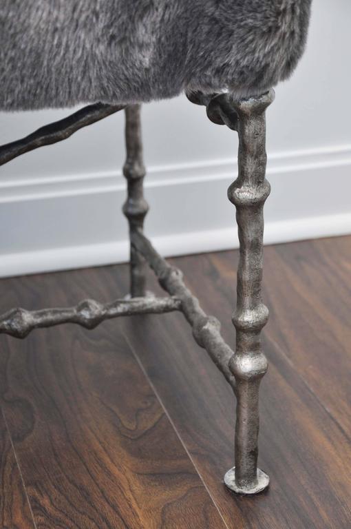 Furry Upholstered Silver Iron Bench at 1stDibs