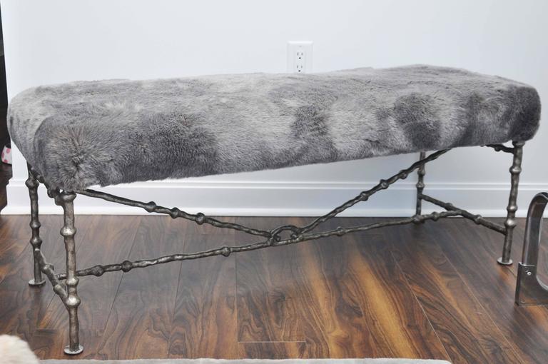 Furry Upholstered Silver Iron Bench at 1stDibs