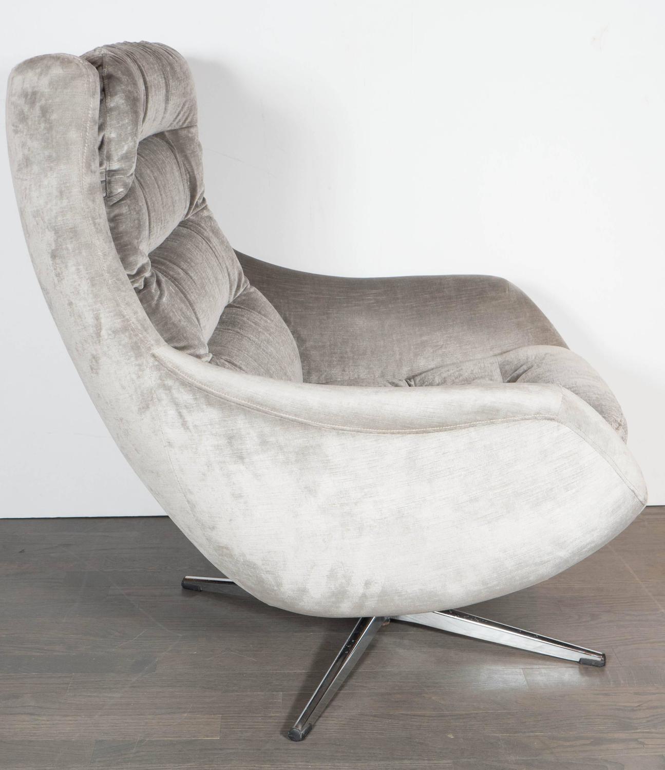 Mid-Century Modernist Curved High Back Swivel Chair in Platinum Velvet ...