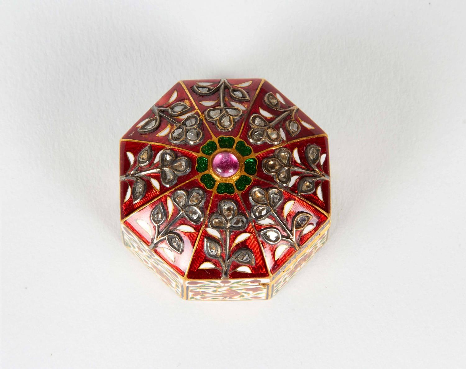 22-Karat Indian Gold Enamel and Diamond Pill Snuff Box Jaipur Mughal ...