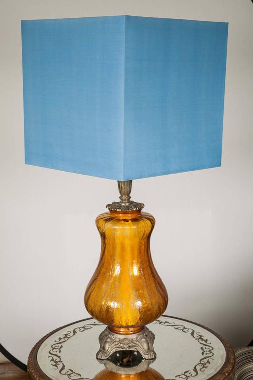 Curved Amber Glass and Brass Lamp Base with Modern Silk Square Blue ...