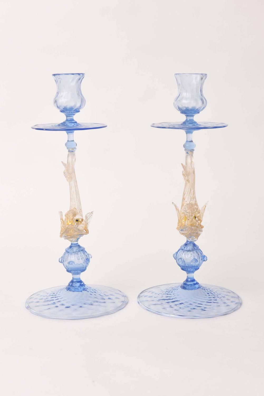 Pair of Venetian Glass Blue Dolphin Candlesticks, Vintage For Sale at ...