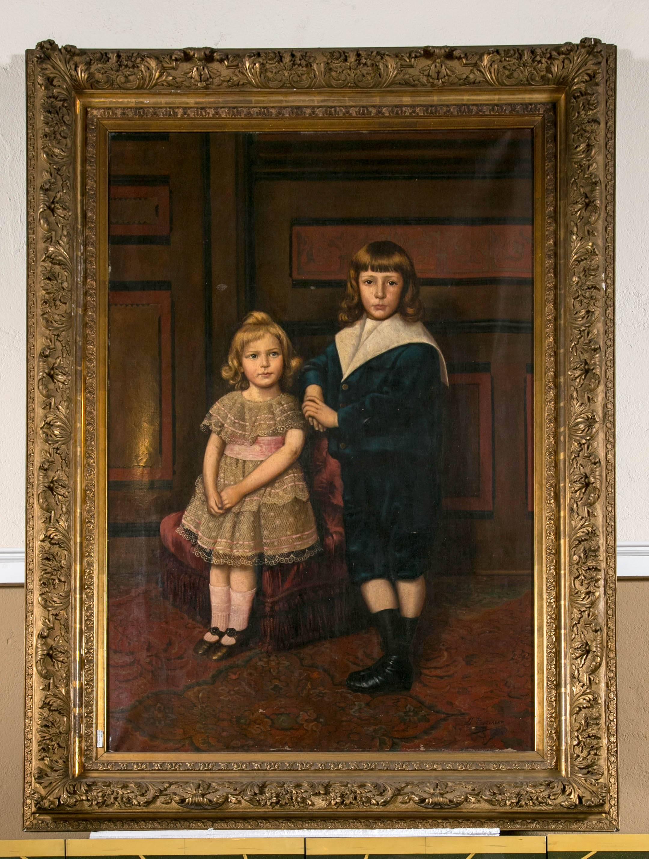 Palatial Oil on Canvas of a Portrait of Siblings Signed J. Peellaert ...
