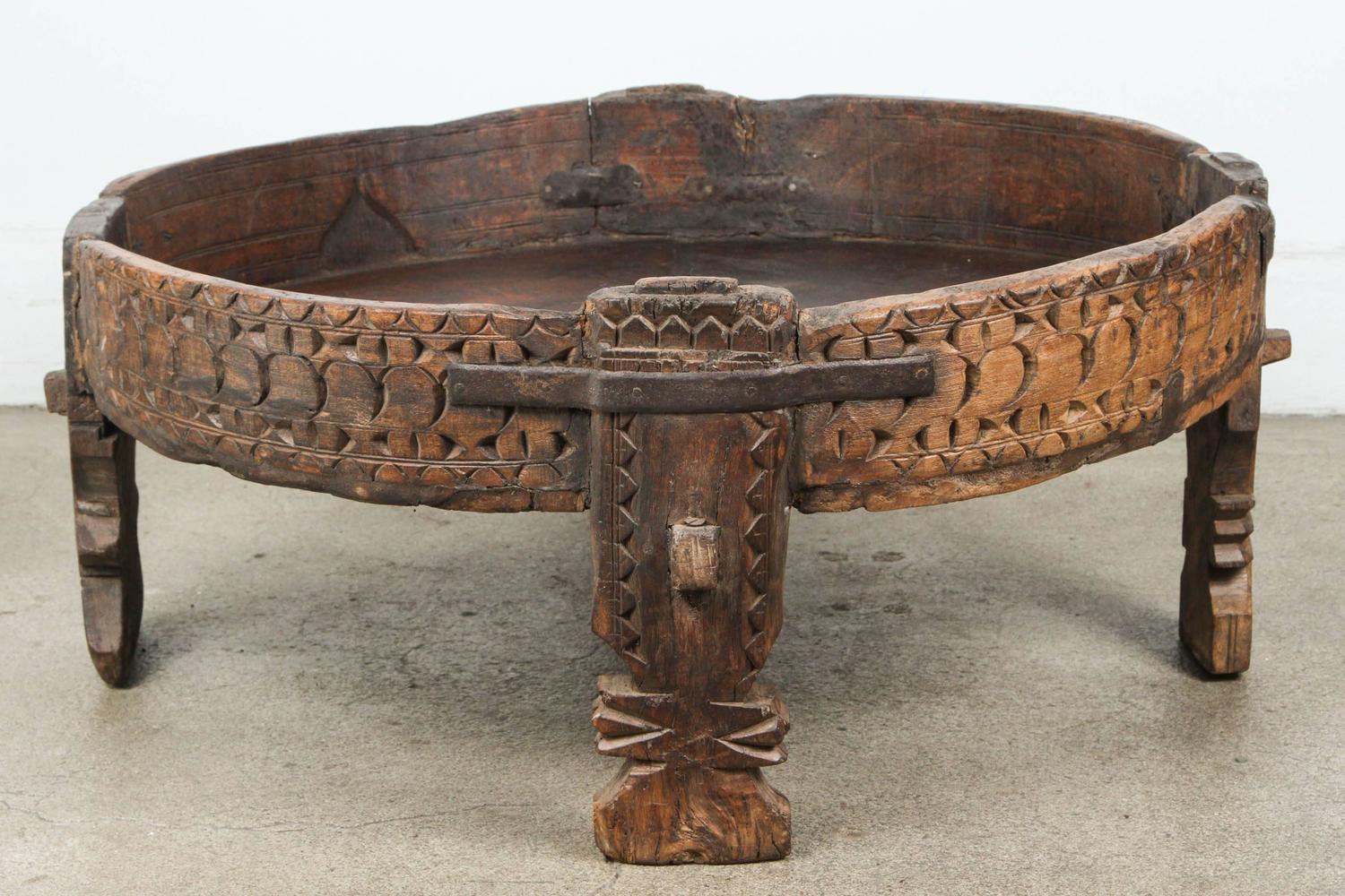 Moroccan Round Wooden Tribal Table For Sale at 1stdibs