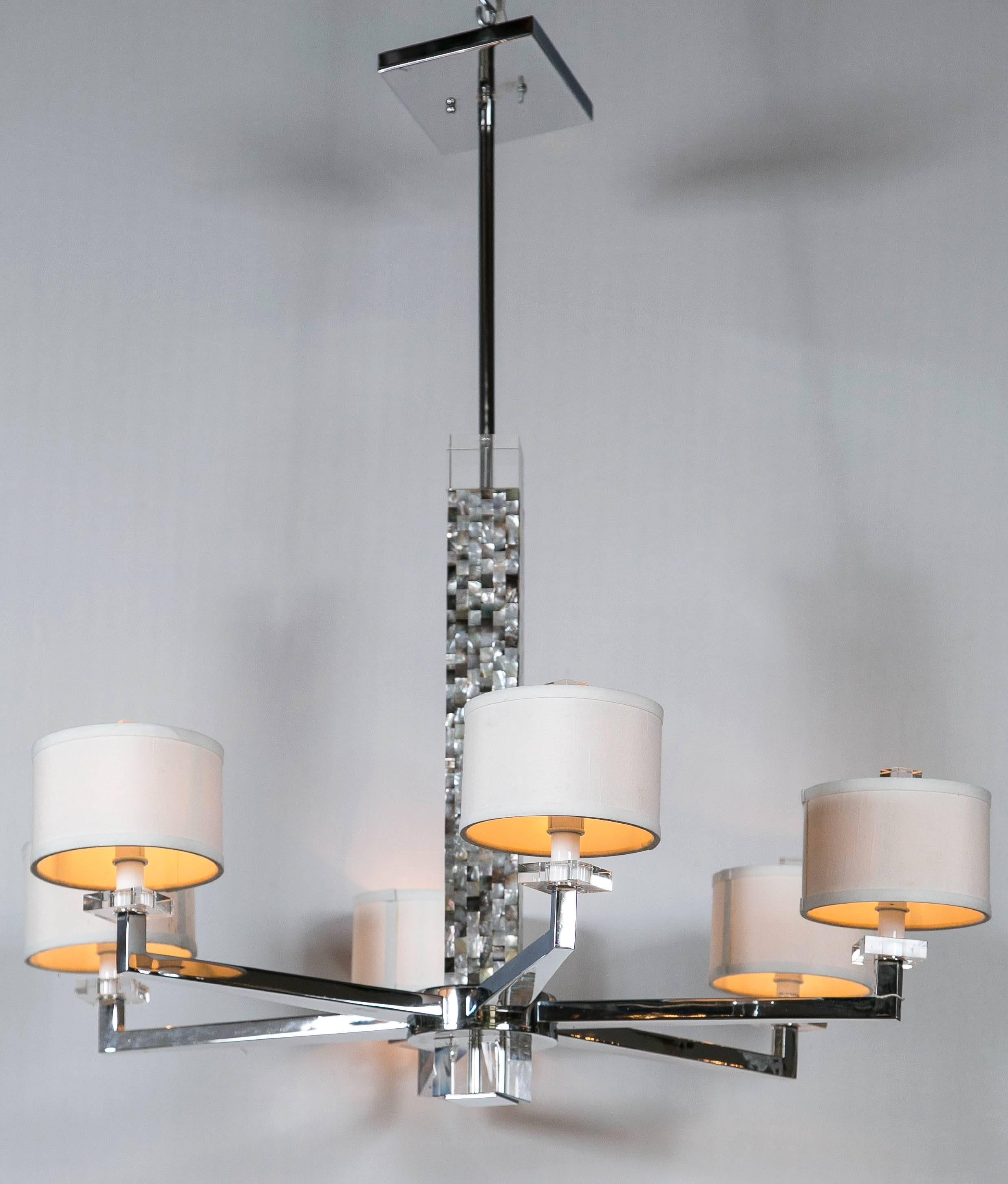 Mother of Pearl Micro Mosaic Decorated Chandelier Chrome Six Light ...