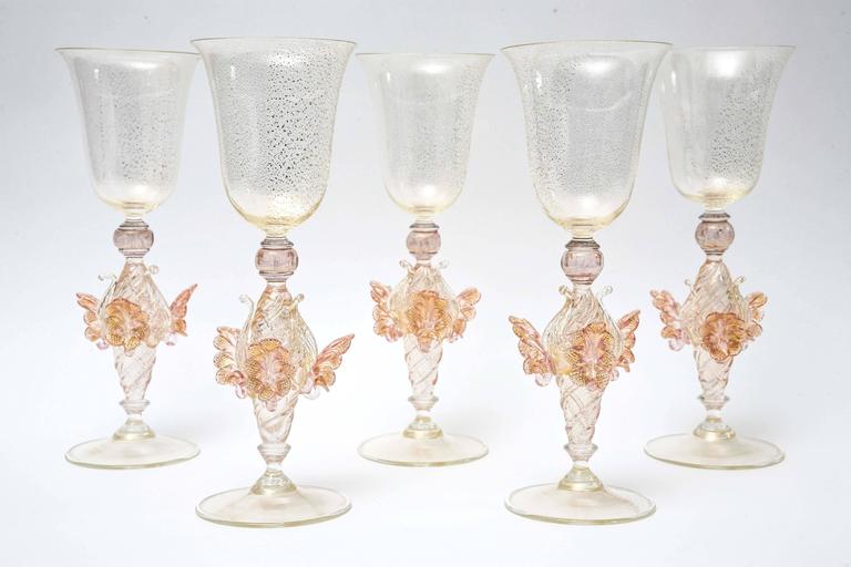 Set of Five Tall Beautiful Venetian Goblets, Pink Floral and 24-Karat ...