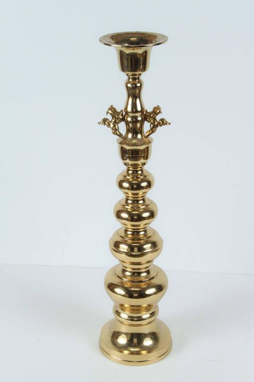 Pair of Large Chinese Polished Brass Candlesticks For Sale at 1stDibs