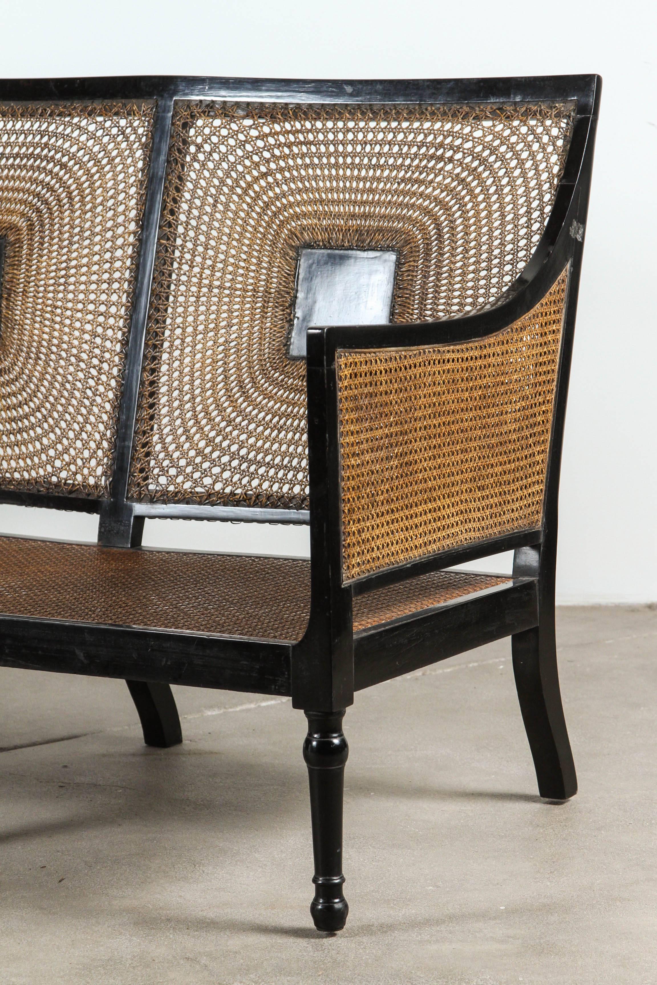 Italian Black Framed Lacquered Caned Bench at 1stDibs