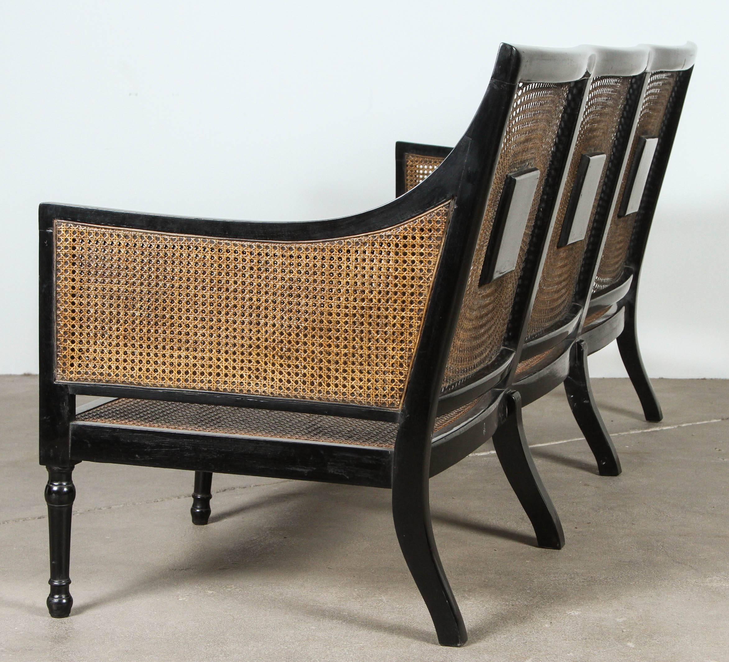 Italian Black Framed Lacquered Caned Bench at 1stDibs