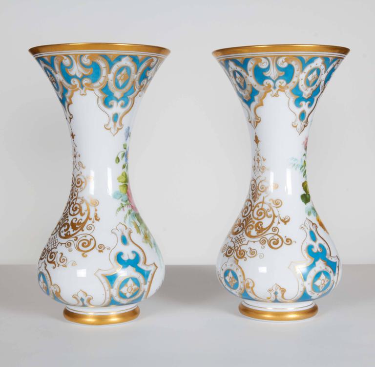 Beautiful Pair of French Opaline Hand-Painted Glass Vases attributed ...