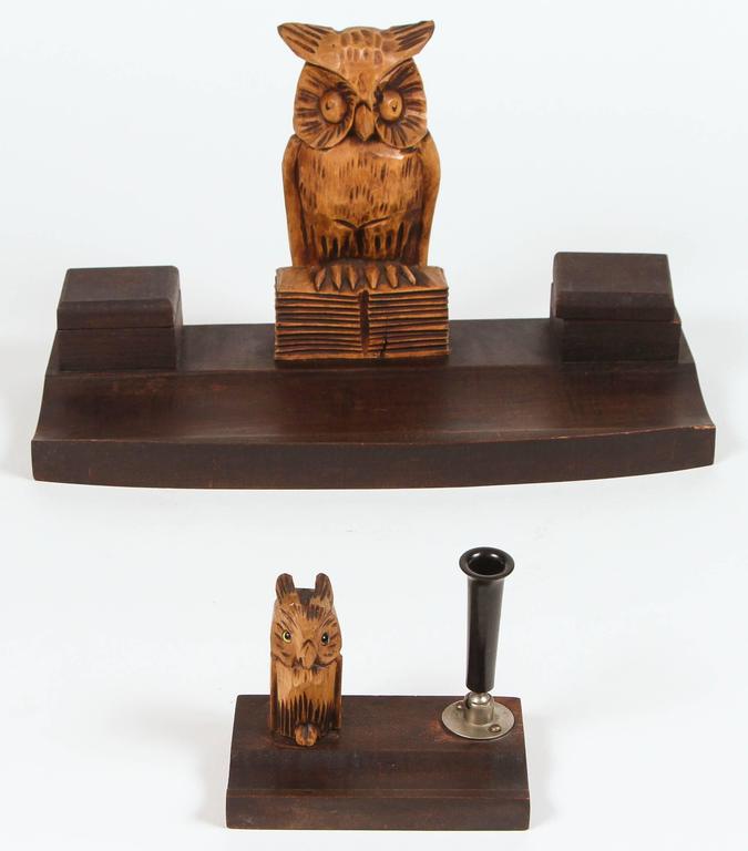 Black Forest Wood Owl Desk Set at 1stDibs