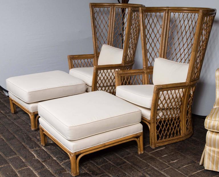Pair High Back Bamboo Chairs with Ottomans at 1stDibs