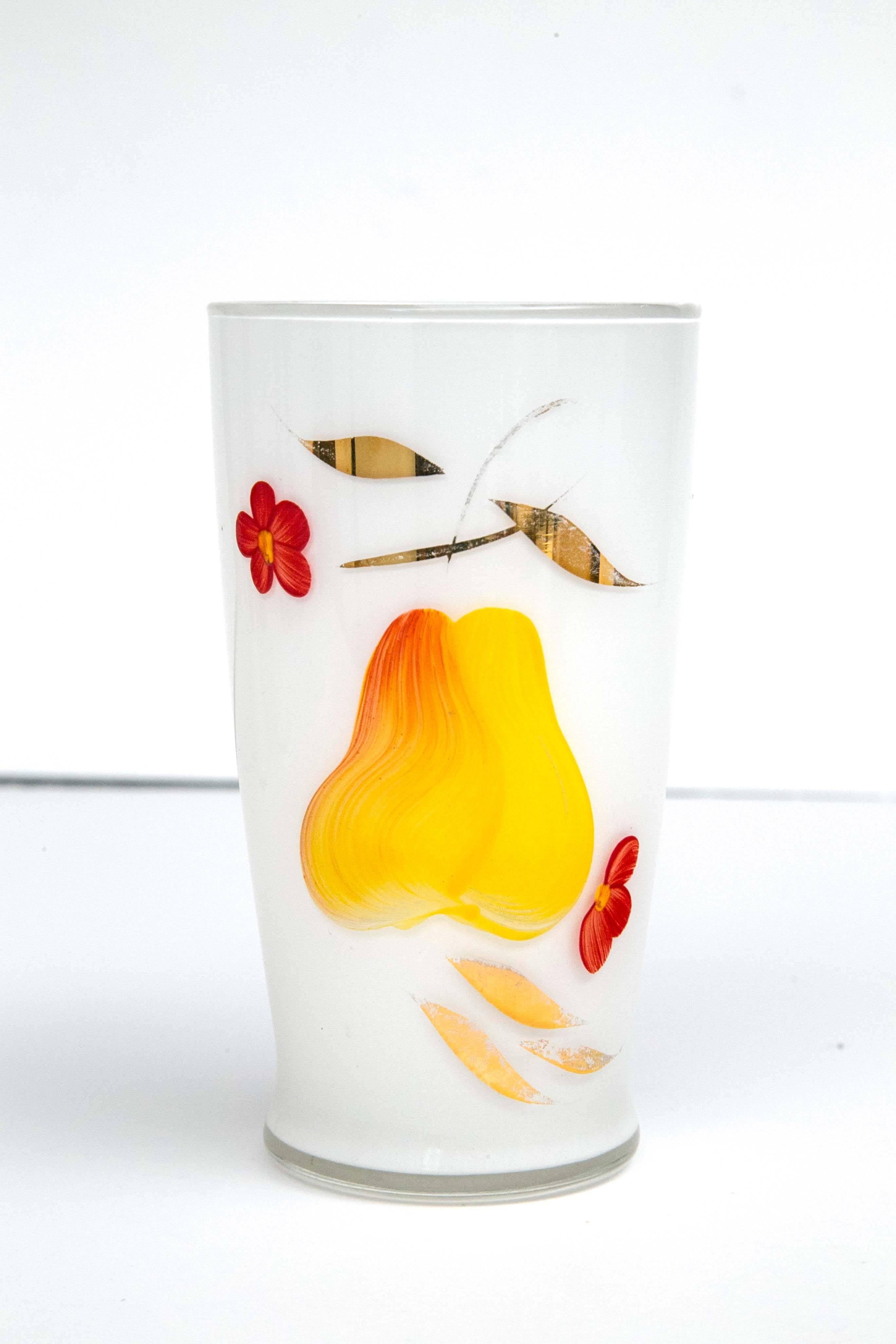 Beautiful Frosted Glass Hand-Painted Gold Leaf Fruit Design Pitcher ...
