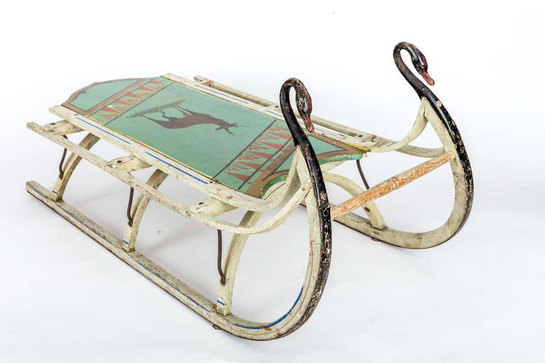 19th-Century Wooden Sled with Original Paint and Iron Swan Runners at ...