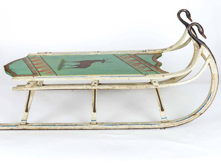 19th-Century Wooden Sled with Original Paint and Iron Swan Runners at ...