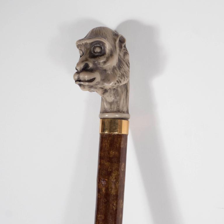 Antique Style Monkey Head Walking Stick with Bamboo Shaft and Brass ...