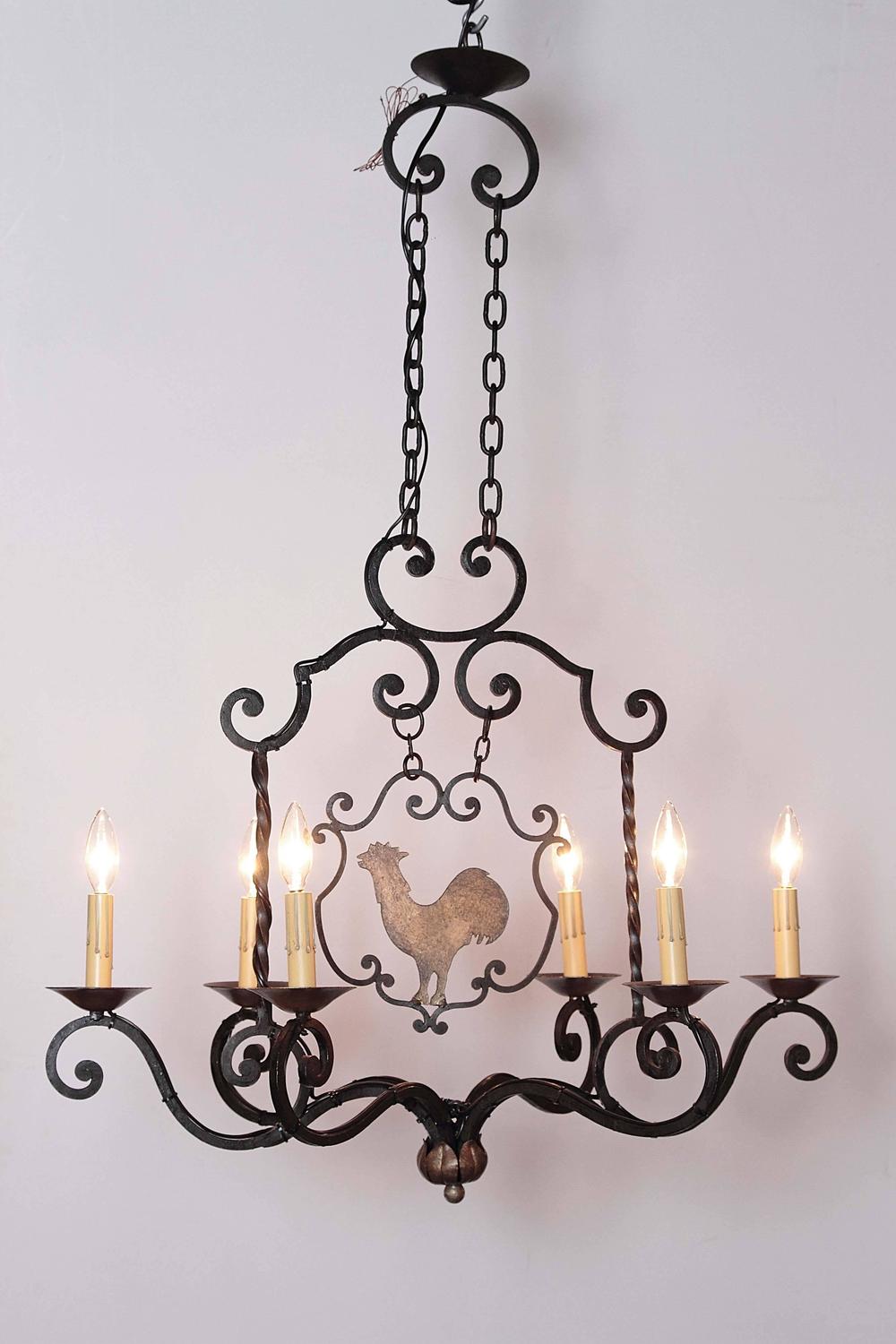 Early 20th Century French Six-Light Iron Chandelier with Center Rooster ...