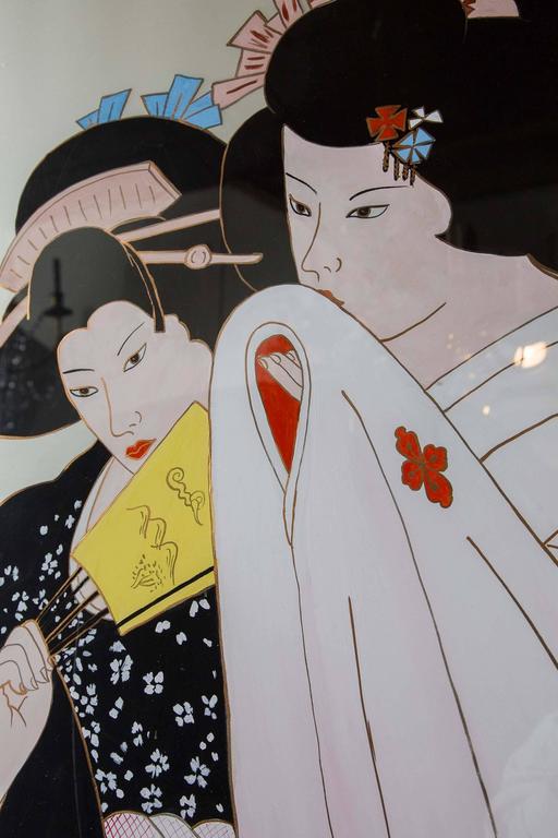 Japanese Silk Screen of Two Geishas at 1stDibs